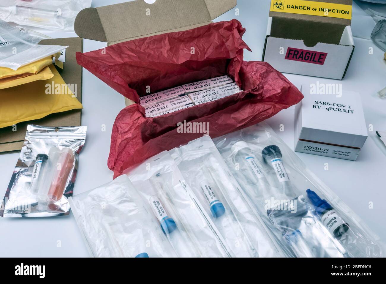 Boxes with Covid-19 PCR kit in hospital warehouse, conceptual image ...