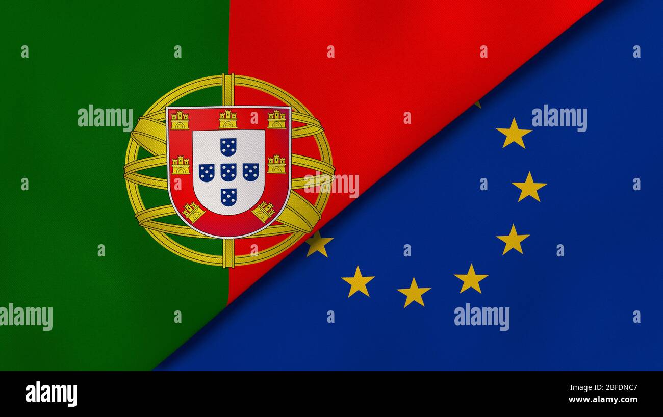 Two states flags of Portugal and European Union. High quality business ...