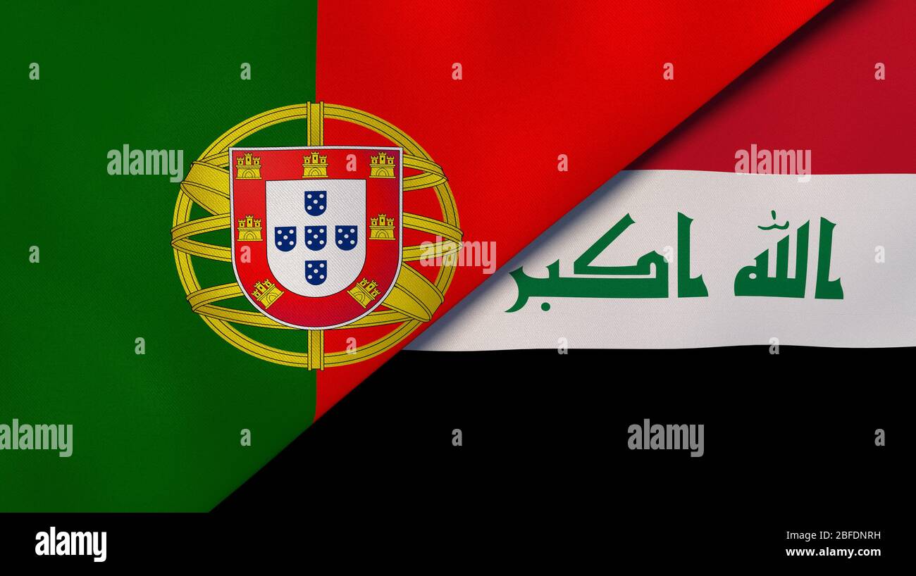 Two states flags of Portugal and Iraq. High quality business background ...