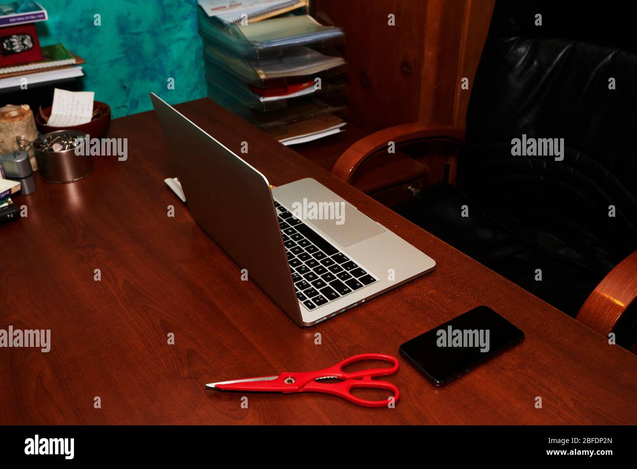 workplace with table and computer for online work Stock Photo - Alamy