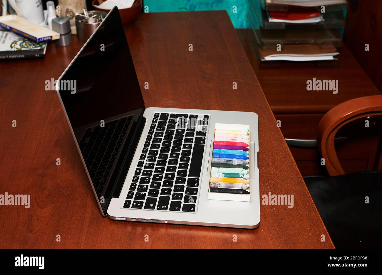 workplace with table and computer for online work Stock Photo - Alamy