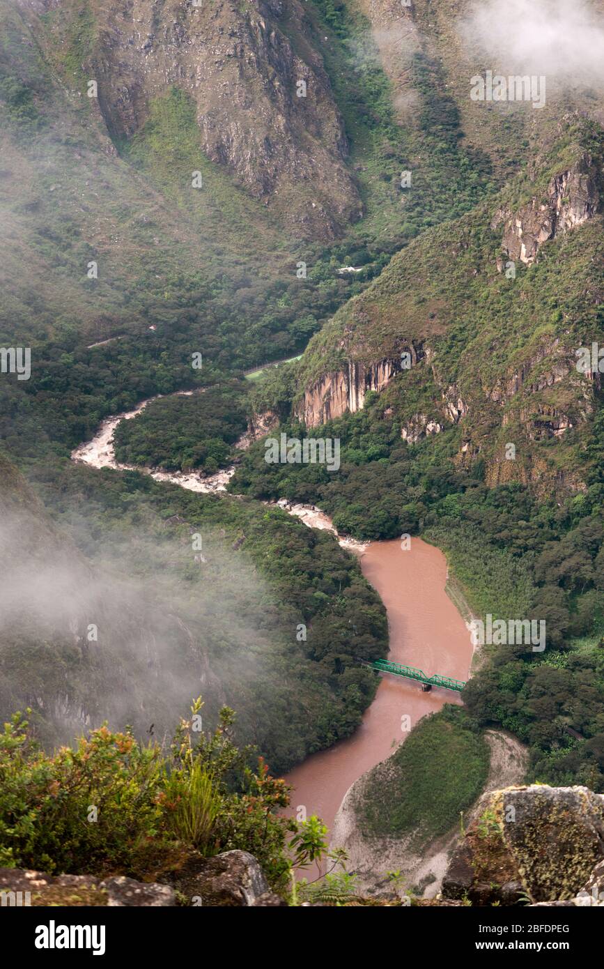 aerial view to Urubamba river valley in Peru near Machu Picchu site ...