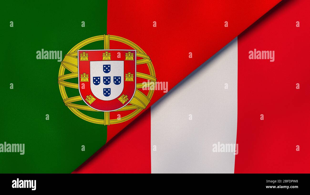 Two states flags of Portugal and Peru. High quality business background ...