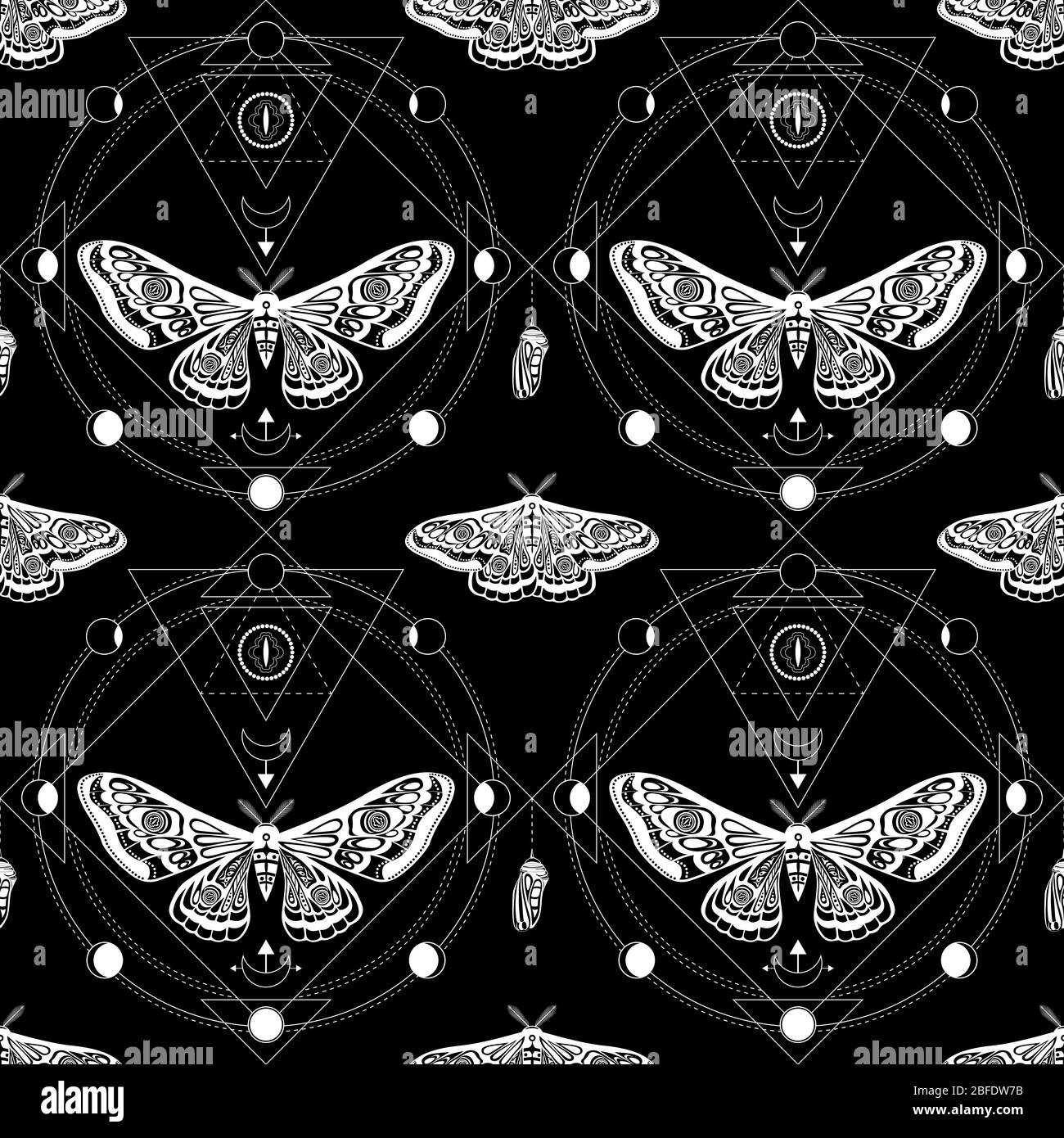 Night moth, butterfly pupa. Sacred geometry, esoteric symbols. Black ...