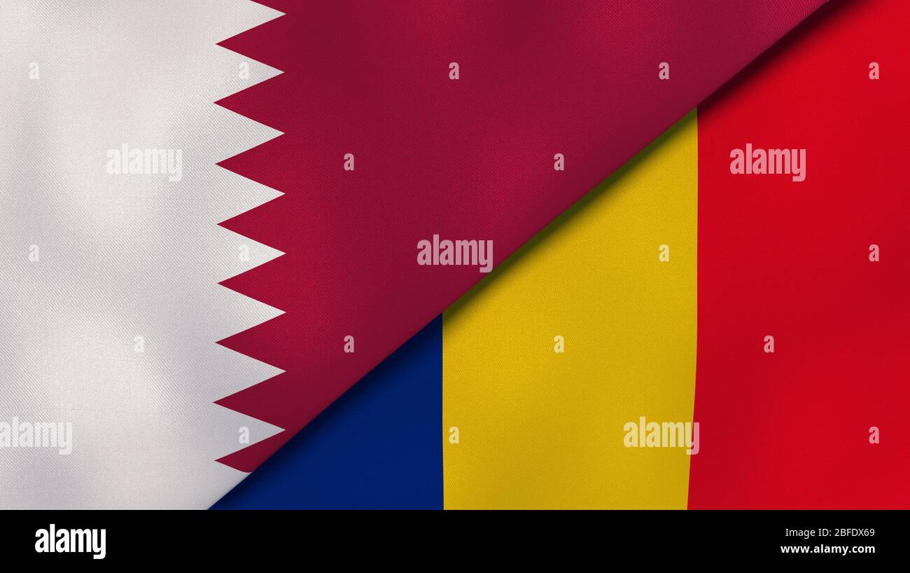 Two states flags of Qatar and Romania. High quality business background ...