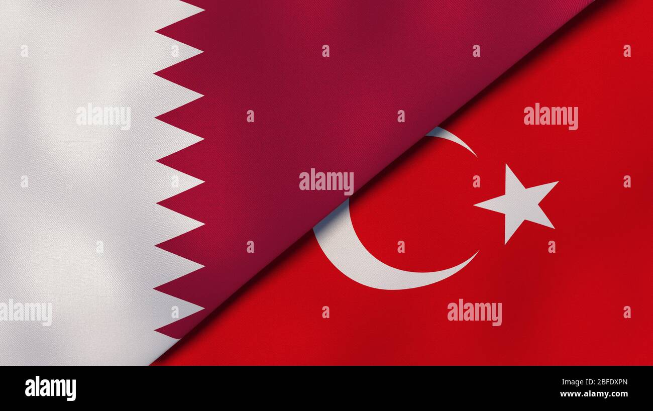 Two states flags of Qatar and Turkey. High quality business background ...