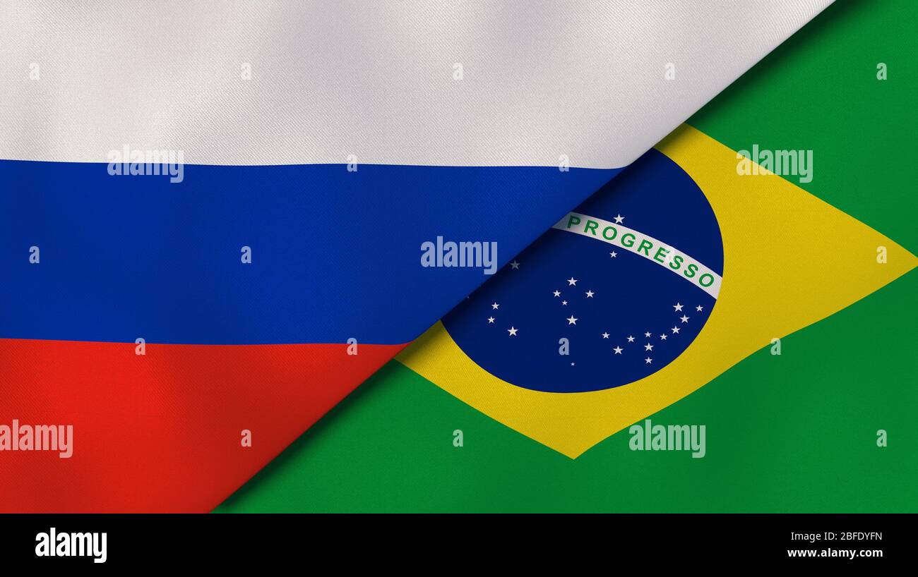 Two states flags of Russia and Brazil. High quality business background ...