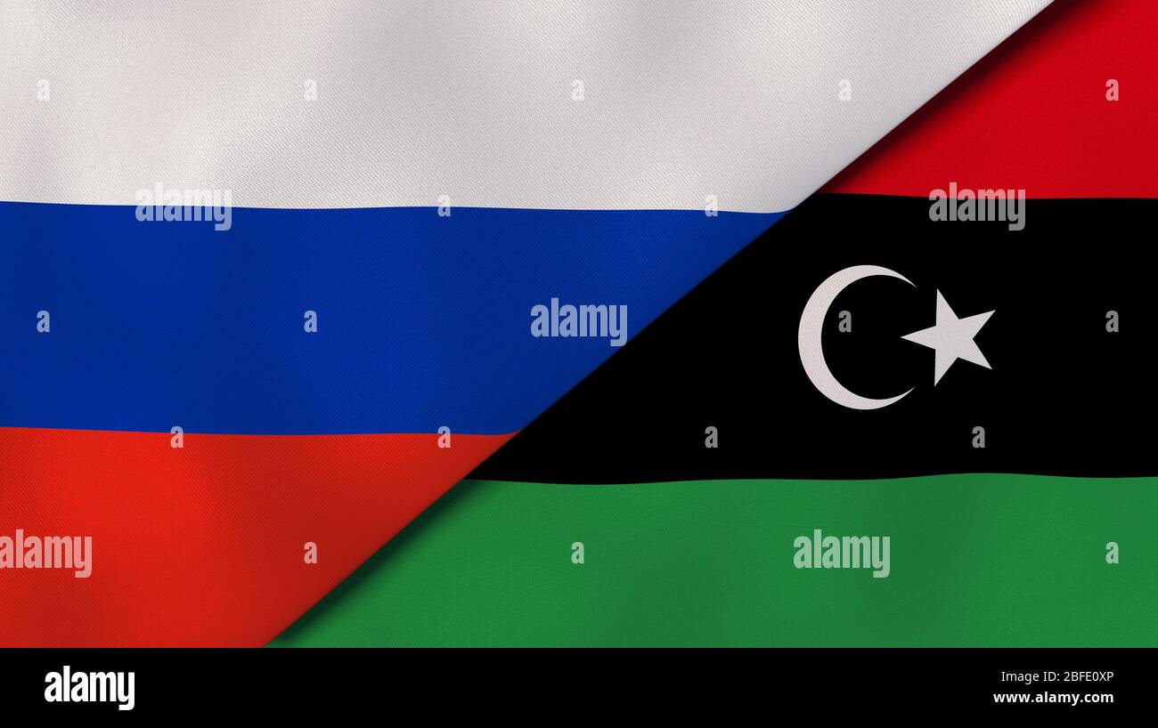 Two states flags of Russia and Libya. High quality business background ...