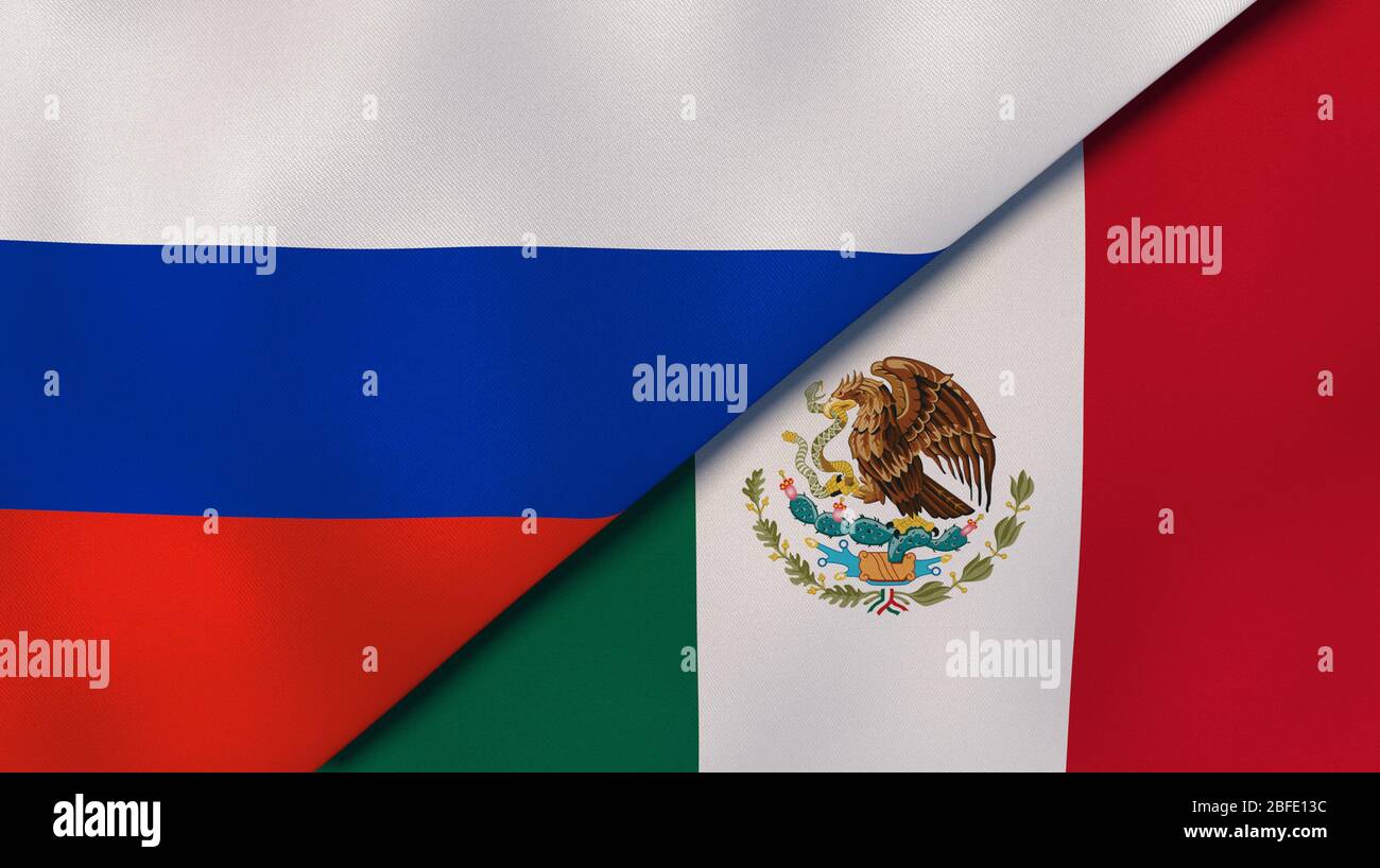 Two states flags of Russia and Mexico. High quality business background ...