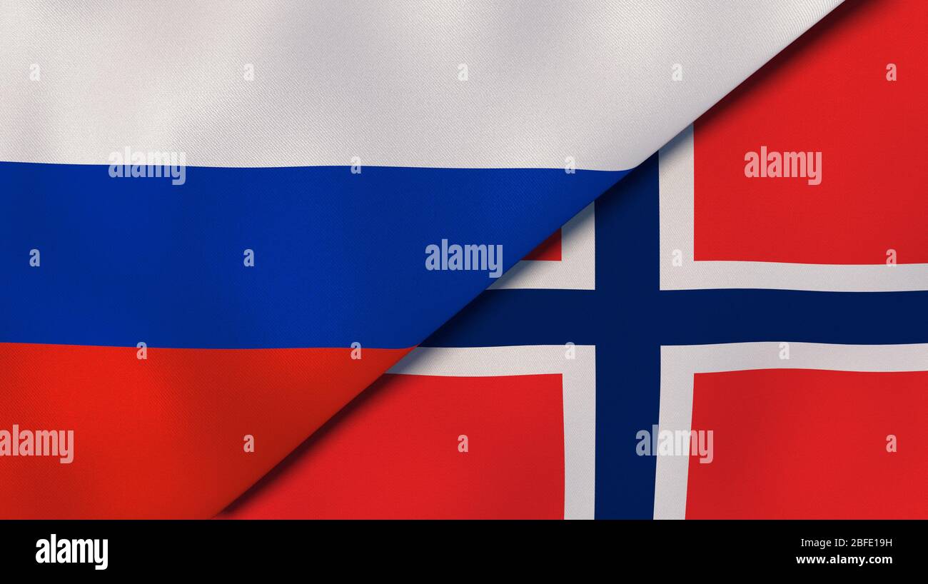 Two states flags of Russia and Norway. High quality business background ...