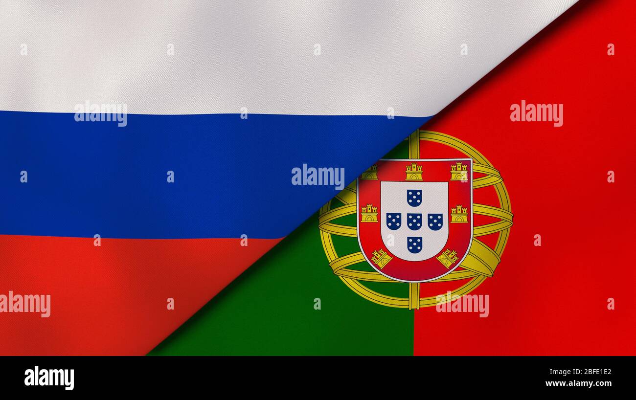 Two states flags of Russia and Portugal. High quality business ...