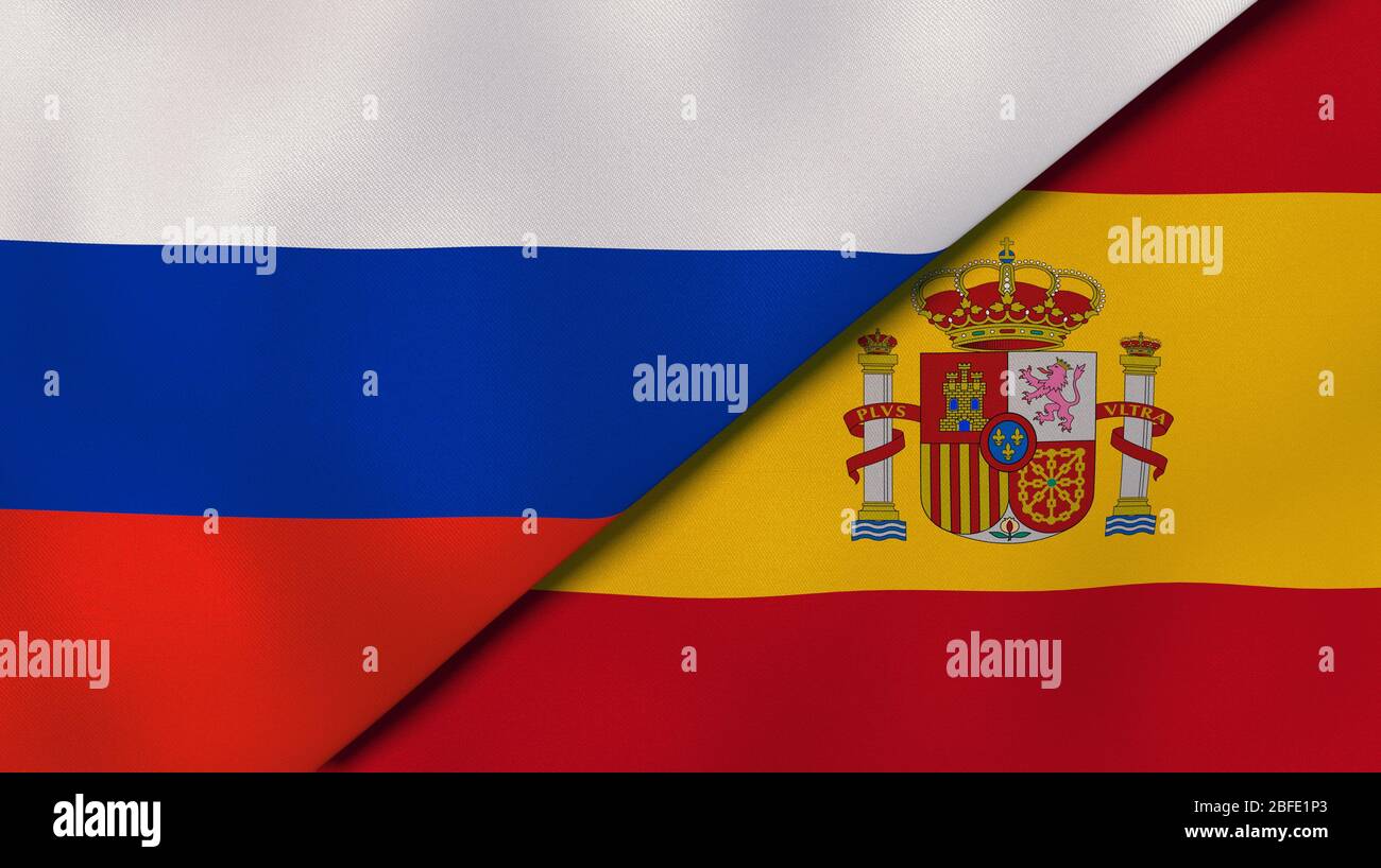 Two states flags of Russia and Spain. High quality business background ...