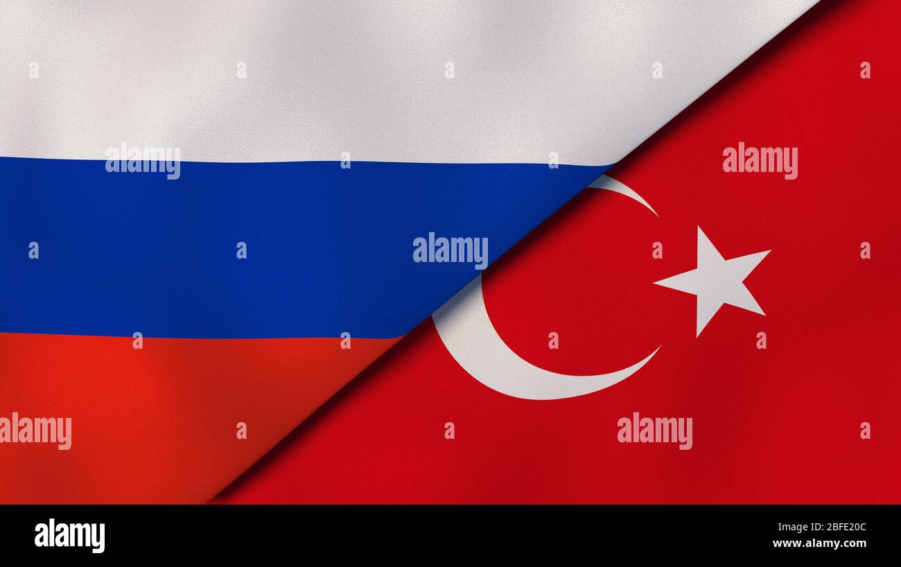 Two states flags of Russia and Turkey. High quality business background ...