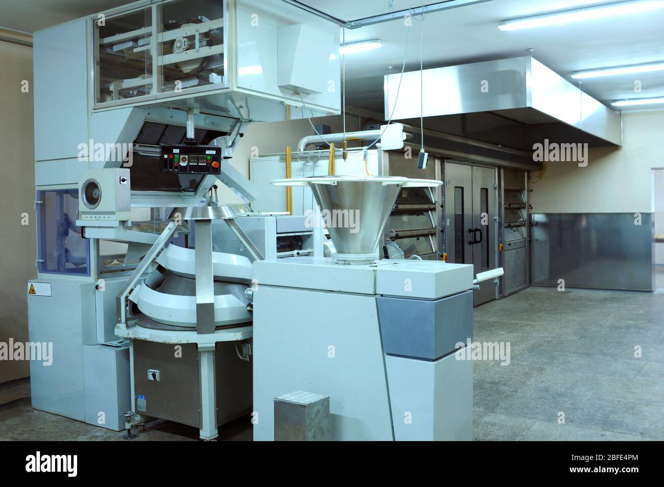 At the Dutch bakery: an automatic dough line prepared for work Stock ...