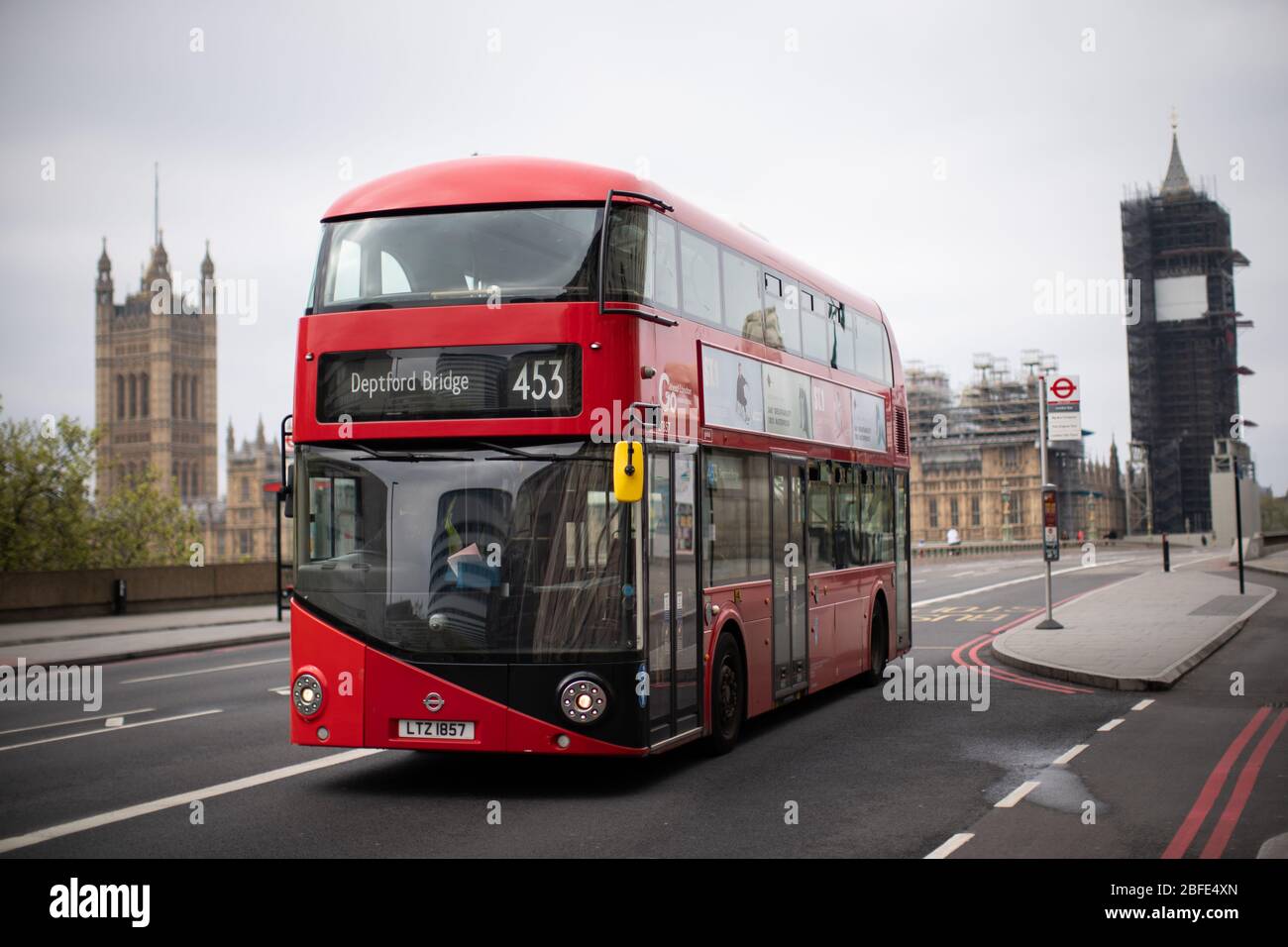 A London bus is seen in Westminster as from Monday 20th April TfL ...