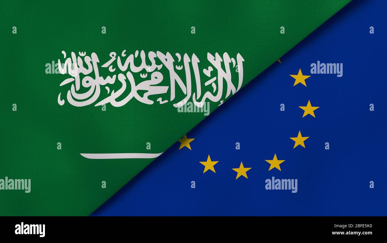 Two states flags of Saudi Arabia and European Union. High quality ...