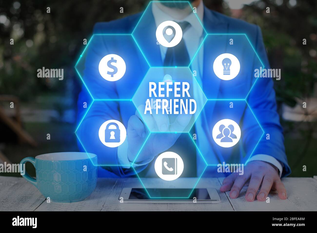 Writing note showing Refer A Friend. Business concept for direct ...