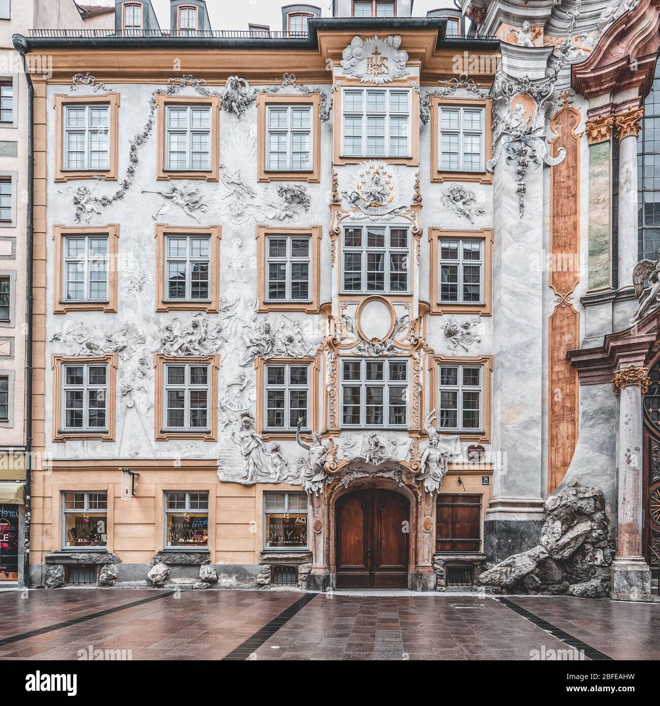 Feb 2, 2020 - Munich, Germany: Facade of Baroque style Asamhaus next to ...