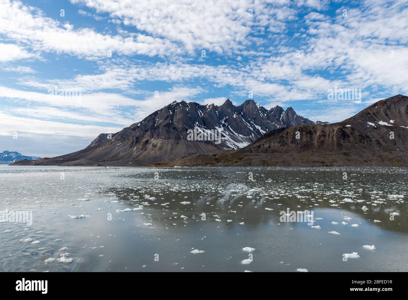 Arctic landscape with mountain and glacier in Svalbard in summer time ...