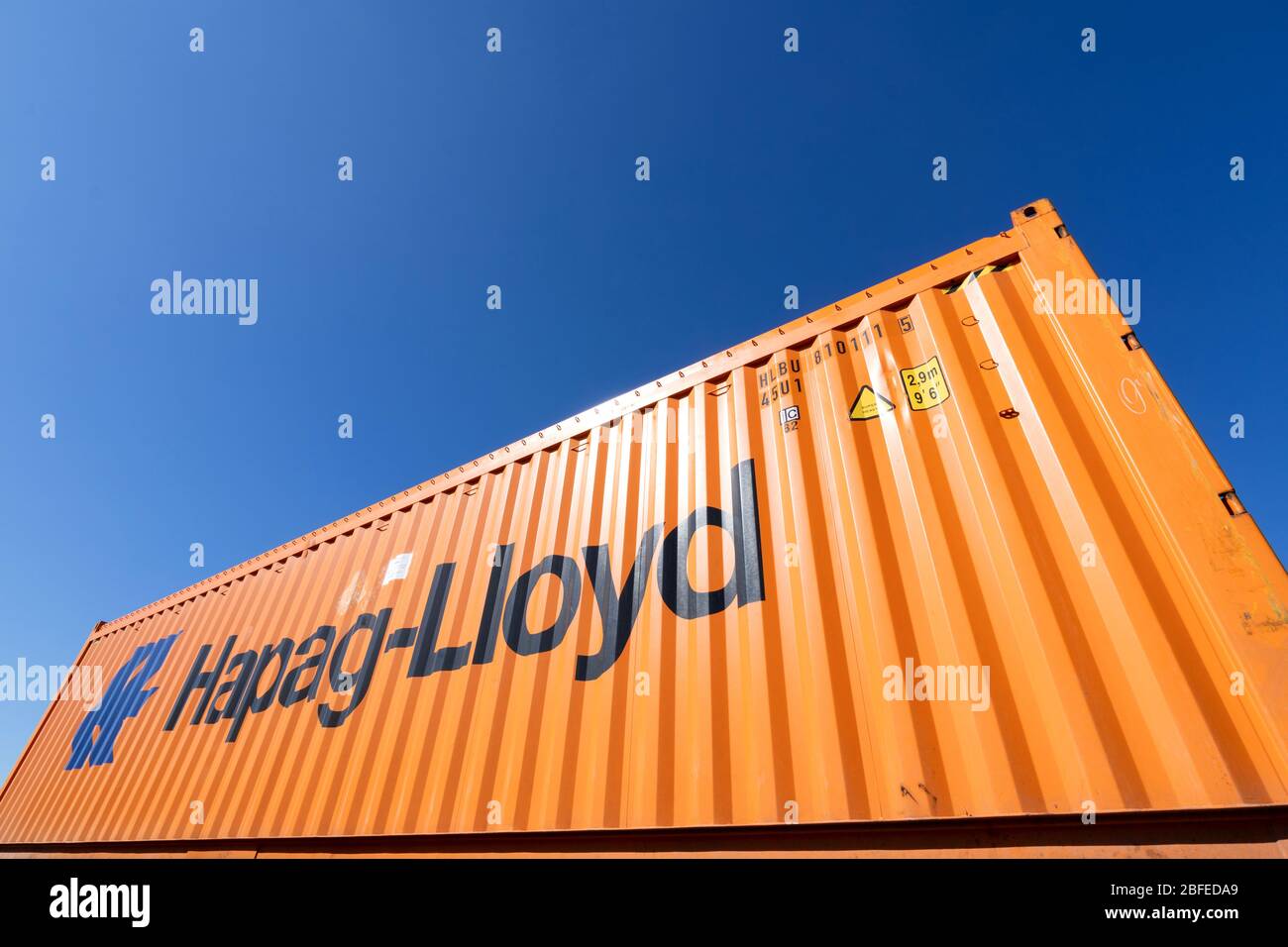 Hapag-Lloyd 40 ft intermodal container against blue sky. Hapag-Lloyd AG ...