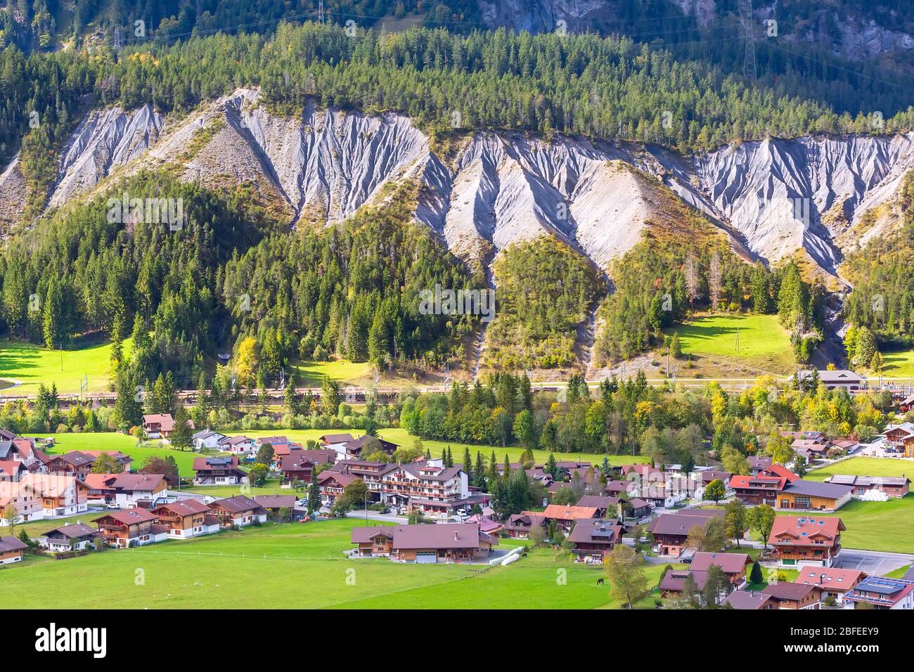 Aerial panorama of Kandersteg village with train station, Switzerland ...