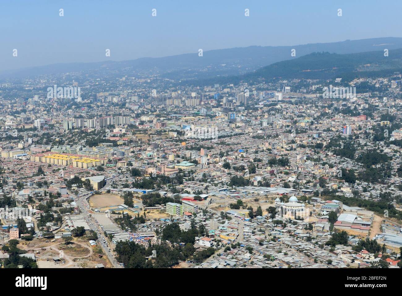 Aerial overview of Addis Abeba city, the capital of Ethiopia. Multiple ...