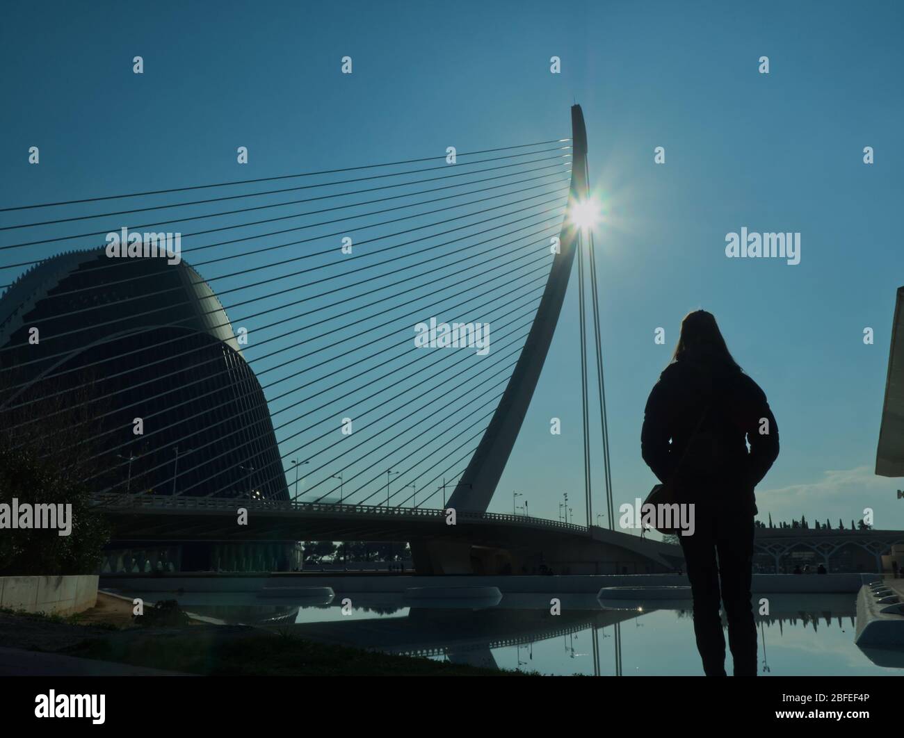 Sun diffraction through spar of Assut de l'Or bridge in Valencia Stock ...
