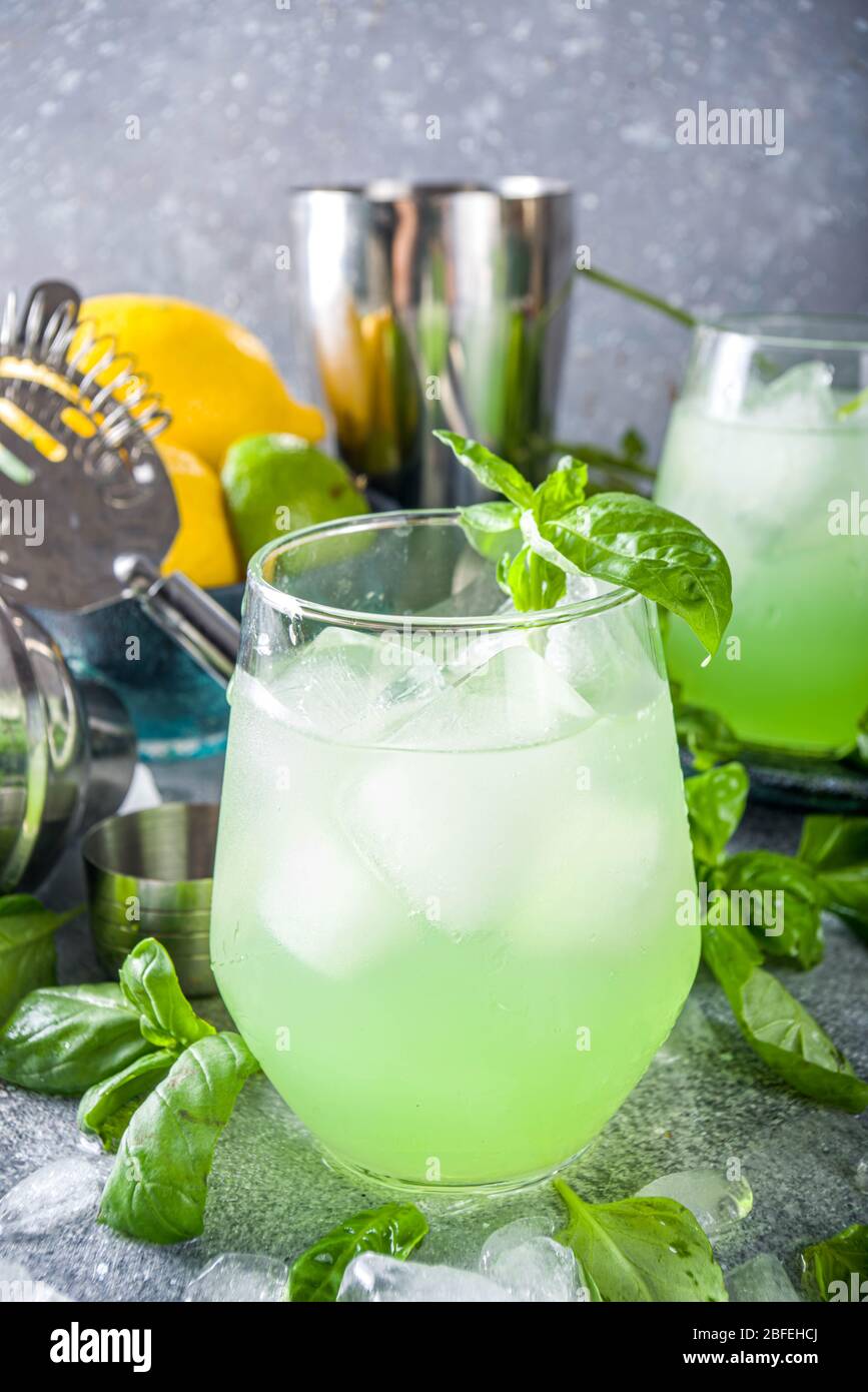 Basil smash gin alcoholic cocktail. Long alcohol drink recipe with ...