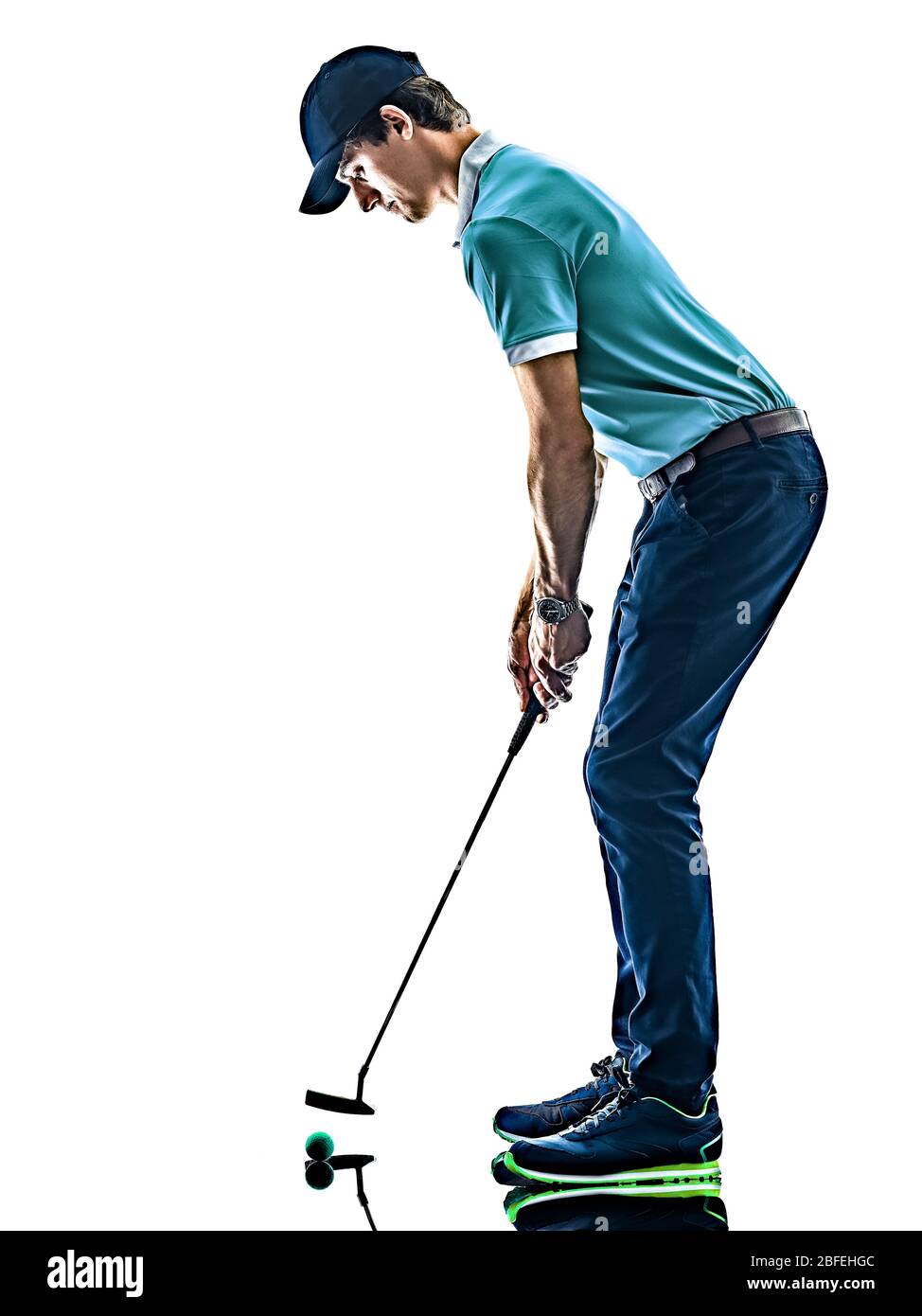 one young caucasian Man Golf golfer golfing isolated on white ...