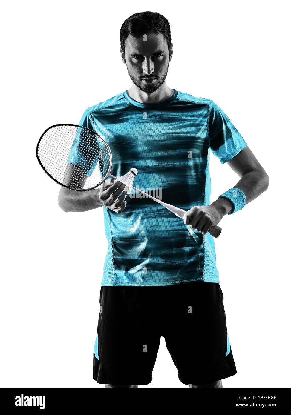 one caucasian Badminton player man in studio shadow silhouette isolated ...