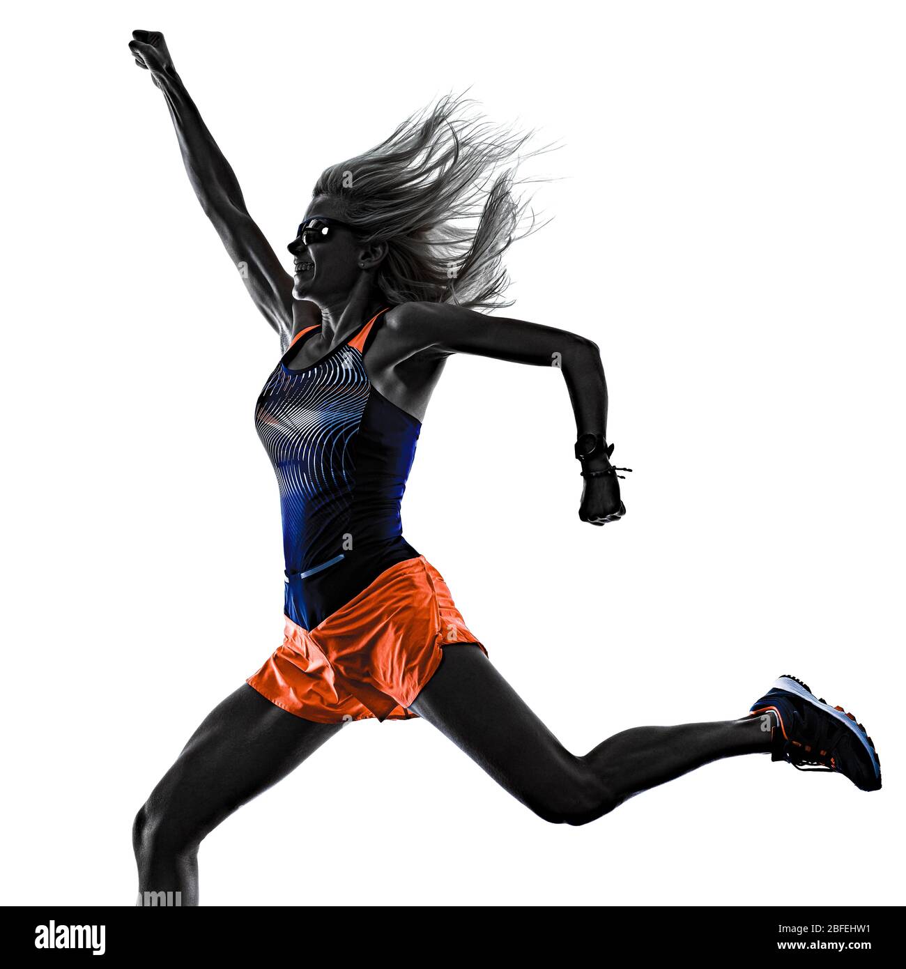 one caucasian beautiful long blond hair woman runner jogger jogging ...