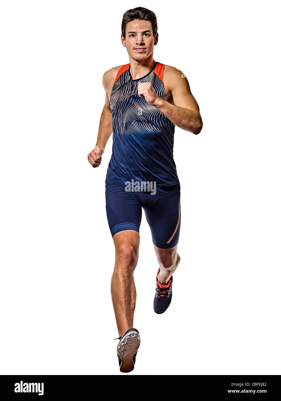 one young caucasian man practicing athletics runner running sprinter ...