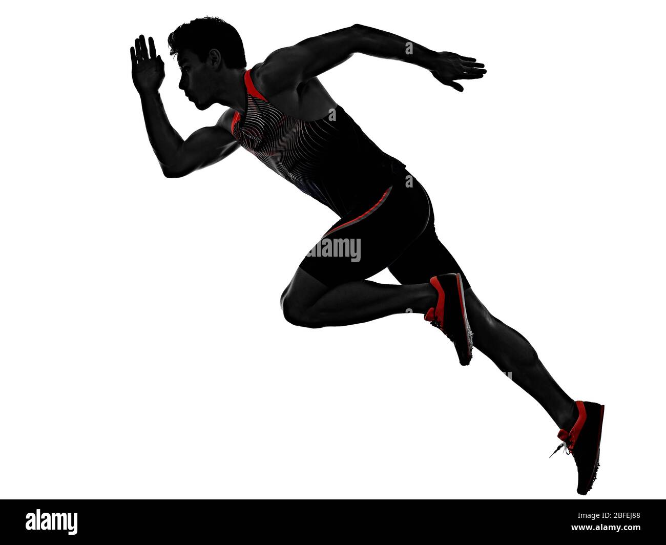 one young caucasian man practicing athletics runner running sprinter ...