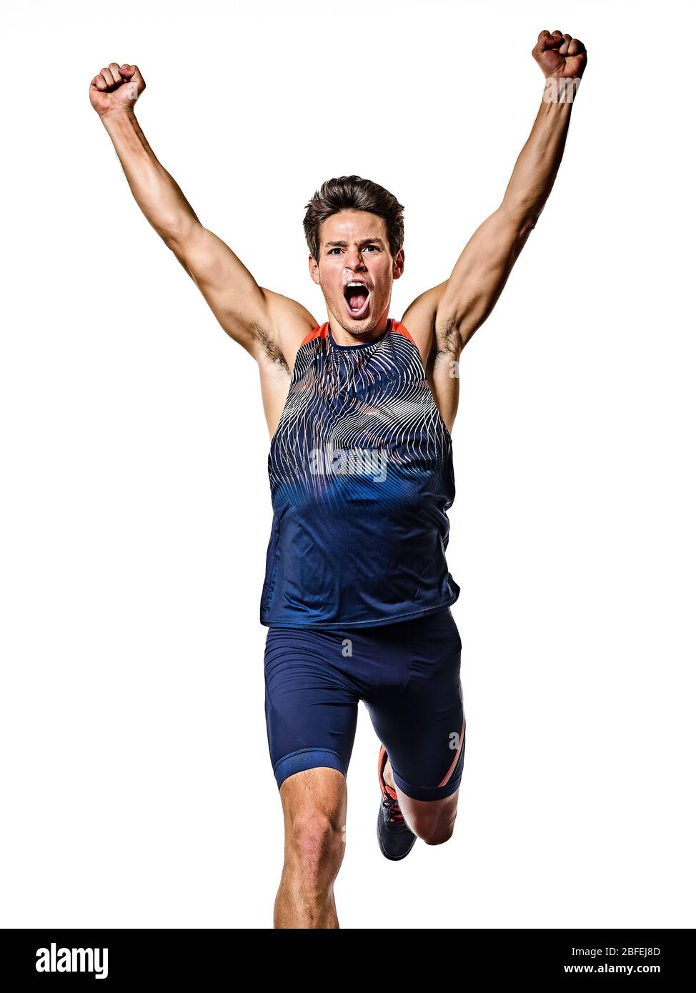 one young caucasian man practicing athletics runner running sprinter ...