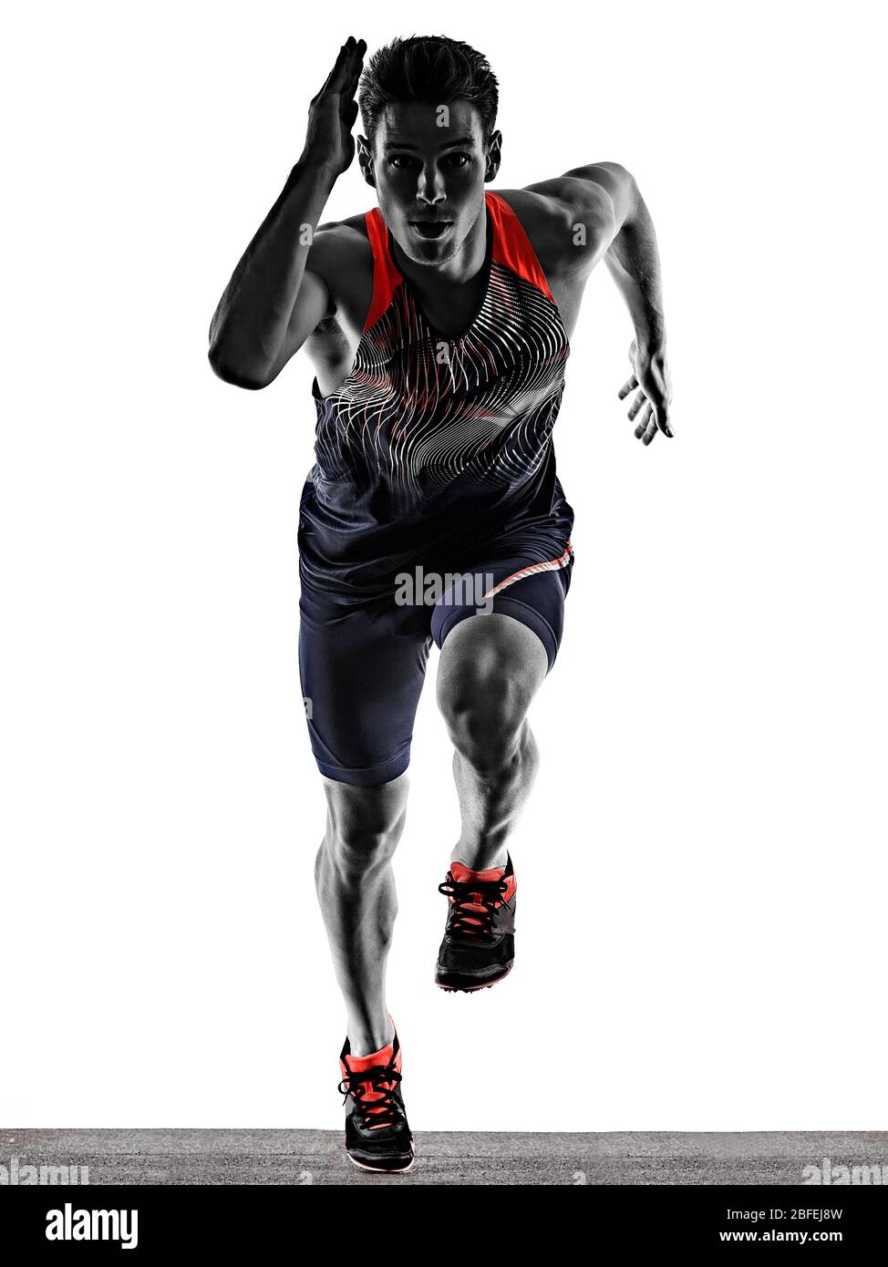 one young caucasian man practicing athletics runner running sprinter ...