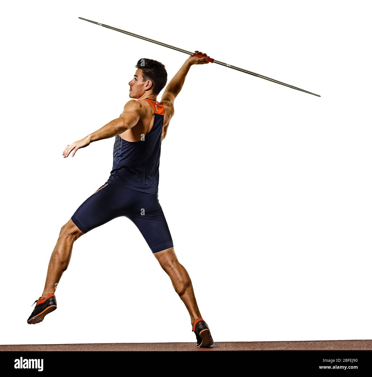 one young caucasian athlete man practicing Javelin athletics in studio ...