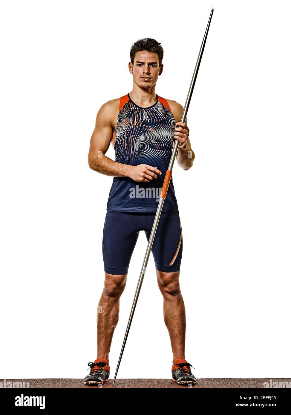 one young caucasian athlete man practicing Javelin athletics in studio ...