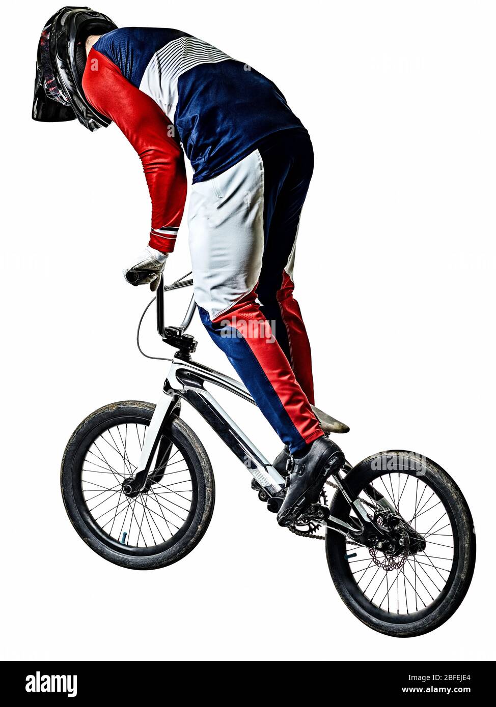 one caucasian BMX racer jumping in studio silhouette isolated on white ...