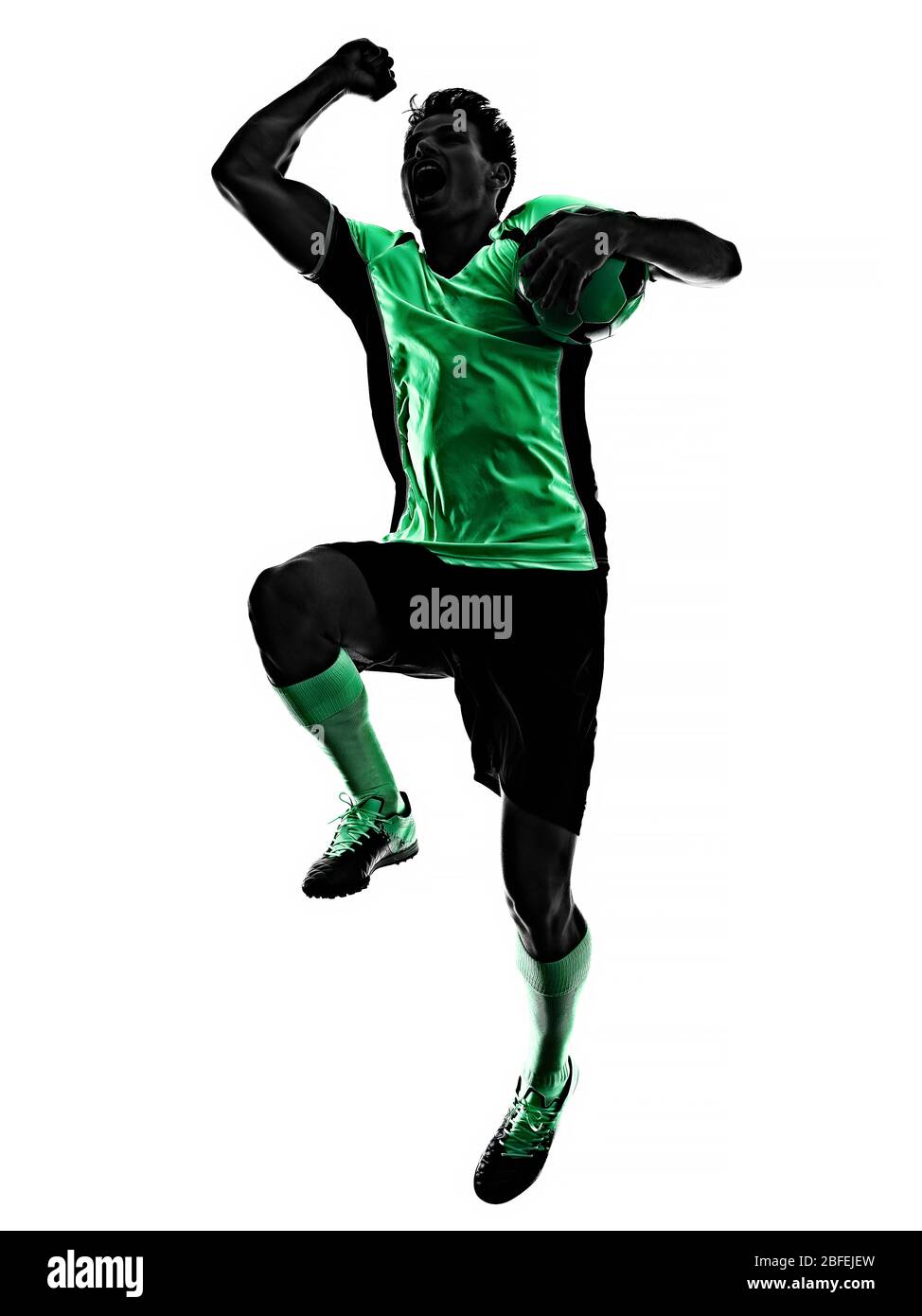 one young caucasian soccer player silhouette shadow in studio isolated ...