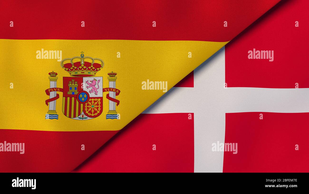 Two states flags of Spain and Denmark. High quality business background ...