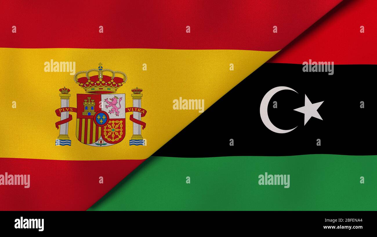 Two states flags of Spain and Libya. High quality business background ...