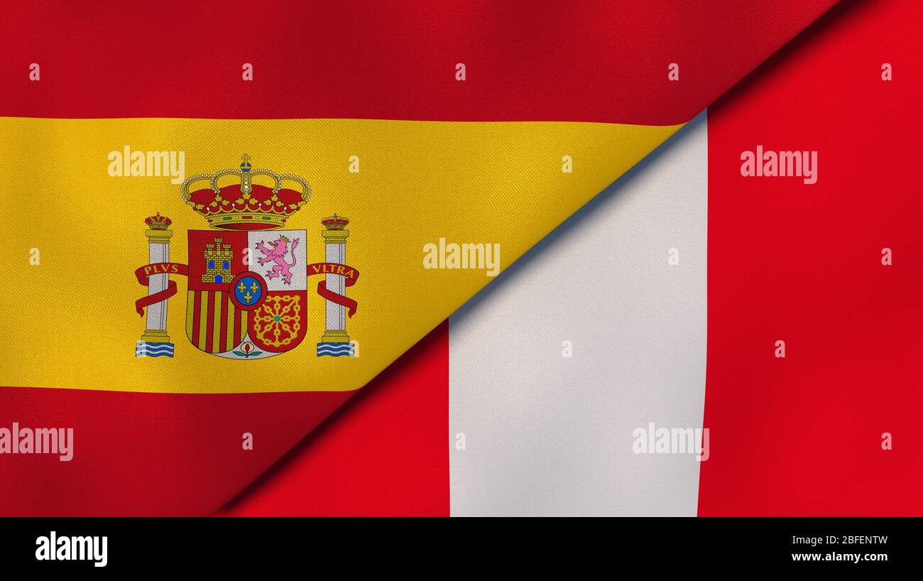 Two states flags of Spain and Peru. High quality business background ...