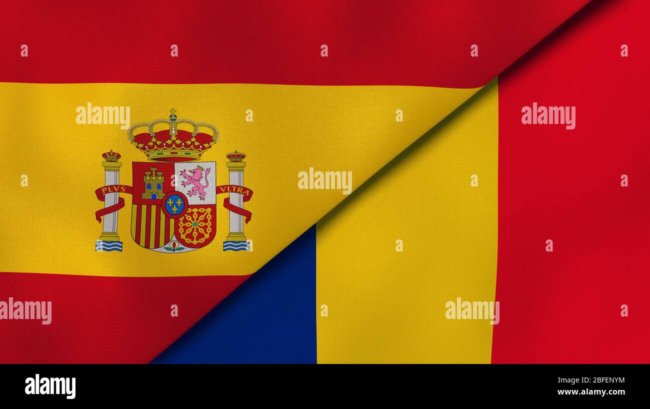 Two states flags of Spain and Romania. High quality business background ...
