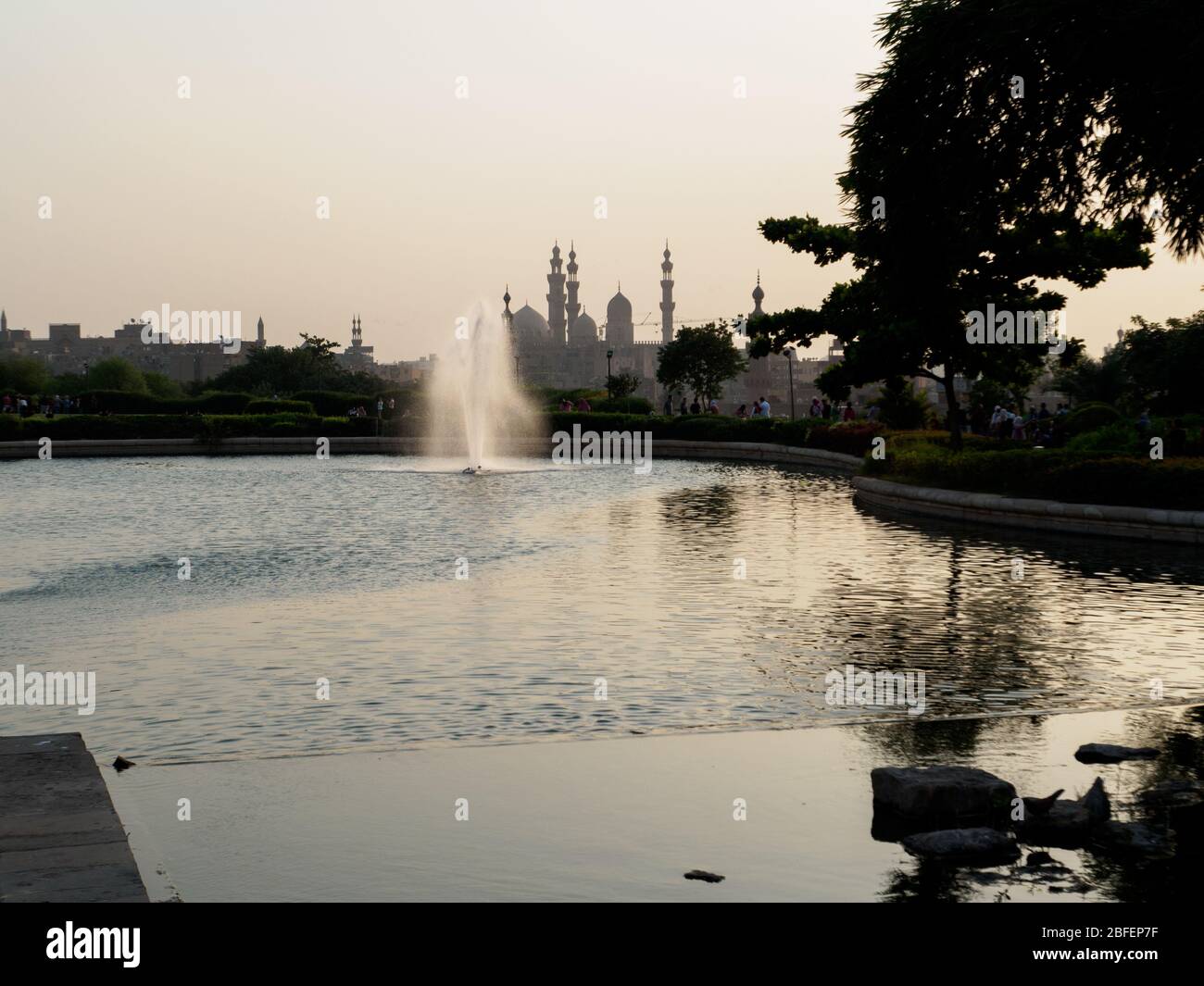 Al Azhar Park, Cairo, Egypt, October 2019, a small lake and a big ...
