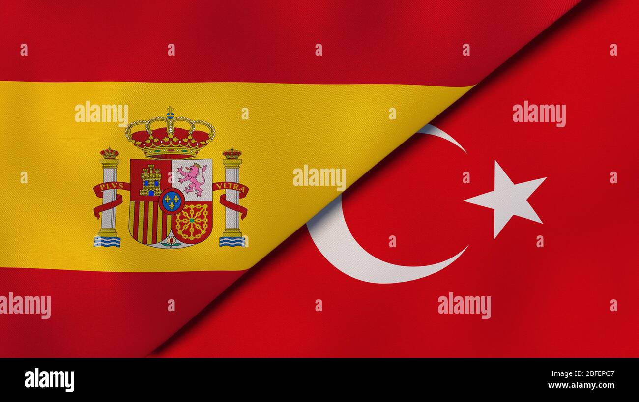 Two states flags of Spain and Turkey. High quality business background ...