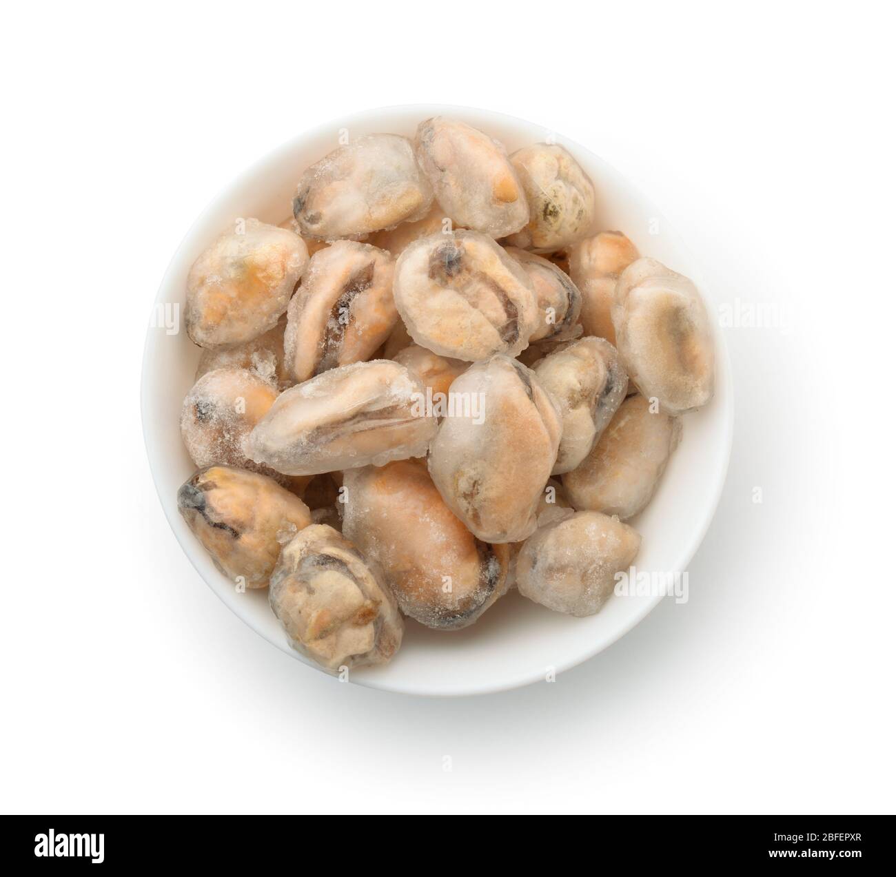 Top view of bowl with frozen cooked mussel meat isolated on white Stock ...