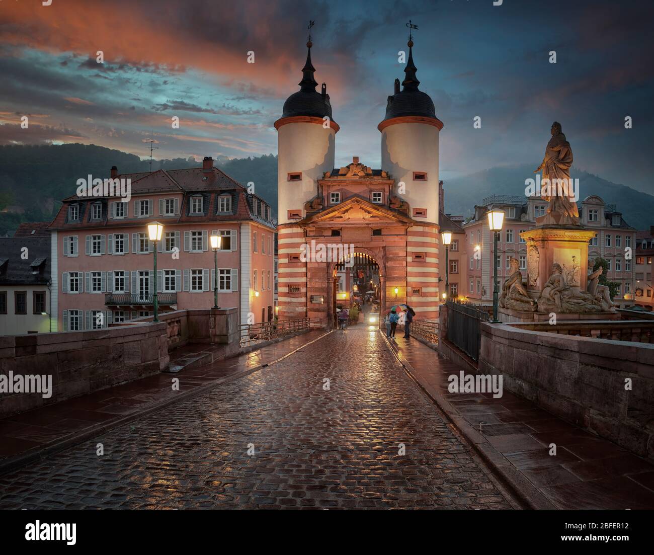 Illuminated Old Bridge Gate at Karl Theodor Bridge in Heidelberg, Baden ...