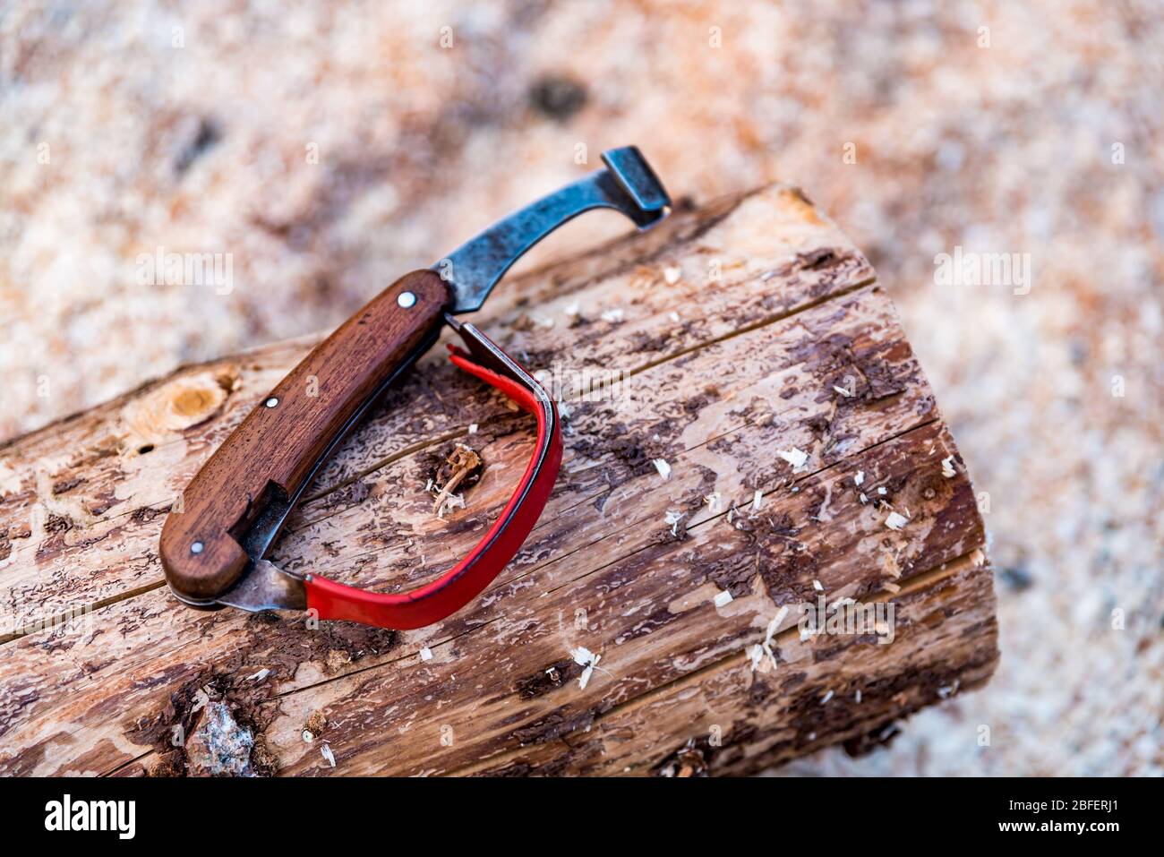 Old rusty timber scriber or woodworking marking gauge and wood log on ...