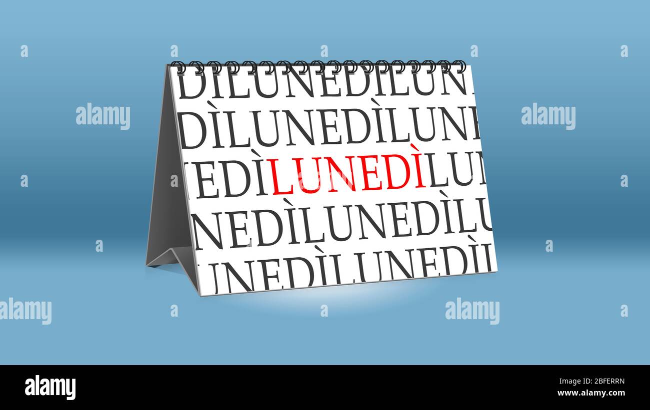 A calendar for the desk shows the Italian day of the week Lunedi ...