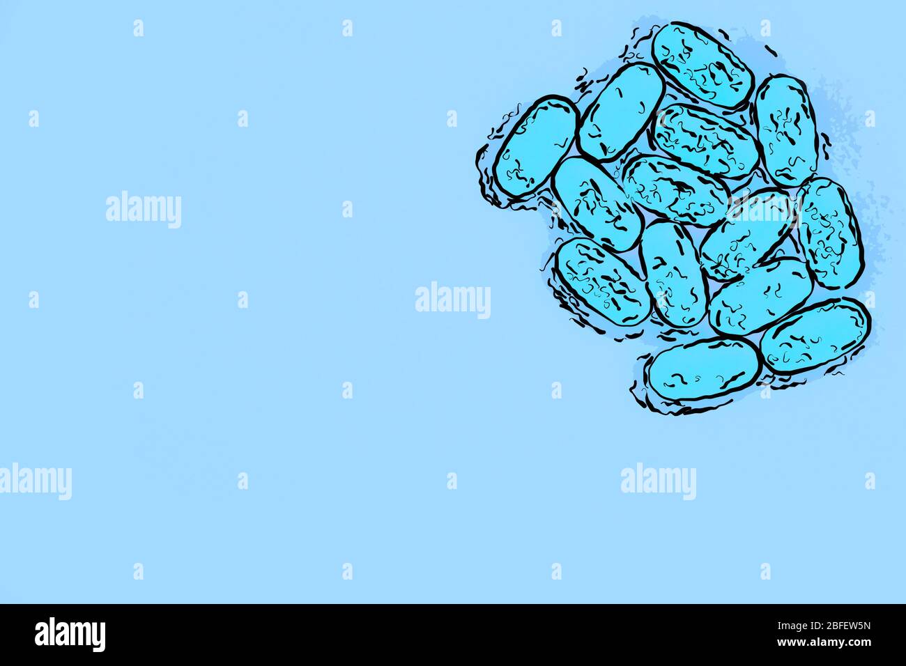 Sketchy drawing illustration.Blue medical pills in flat lay on empty ...